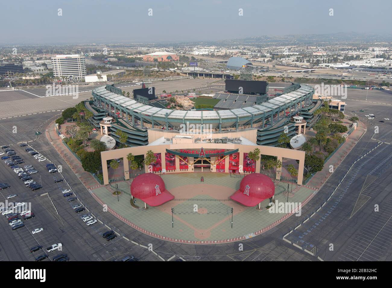 An aerial view of Angel Stadium of Anahiem, Wednesday, Feb. 10, 2021 ...