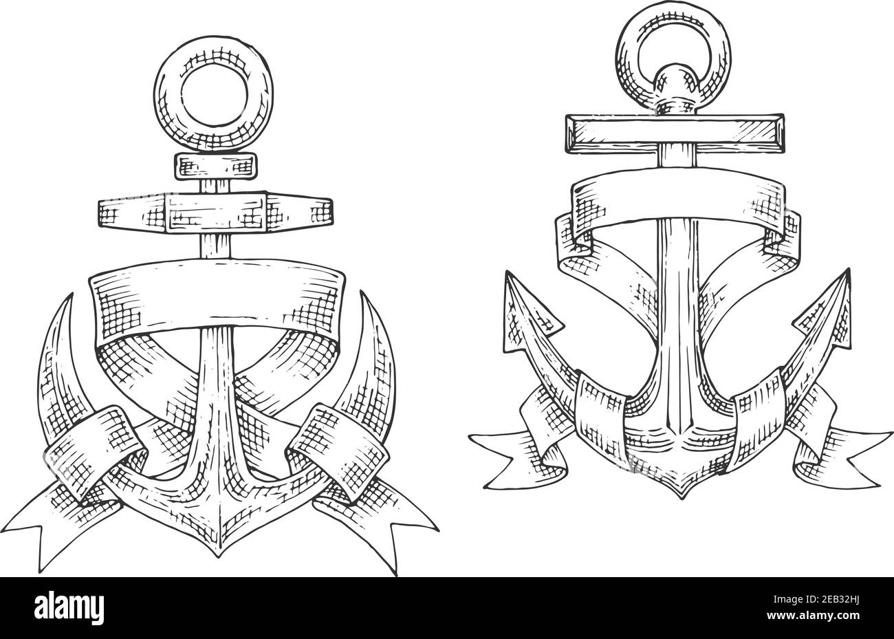 Sketched vintage marine anchors wrapped by wide ribbon. Nautical and ...