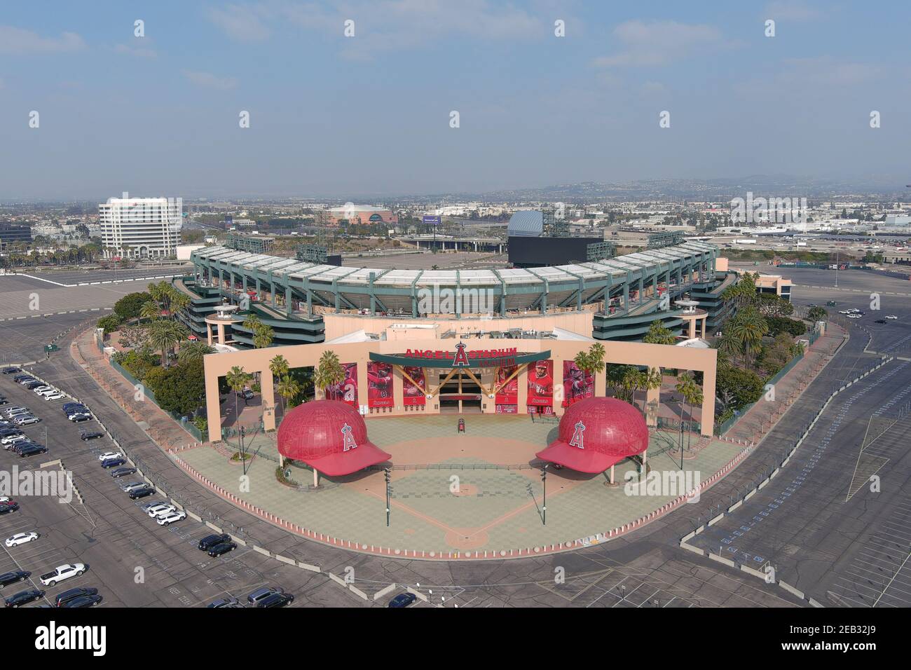 An aerial view of Angel Stadium of Anahiem, Wednesday, Feb. 10, 2021 ...