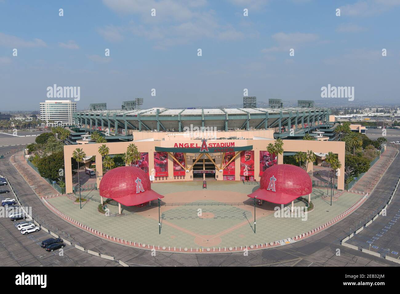 An aerial view of Angel Stadium of Anahiem, Wednesday, Feb. 10, 2021 ...