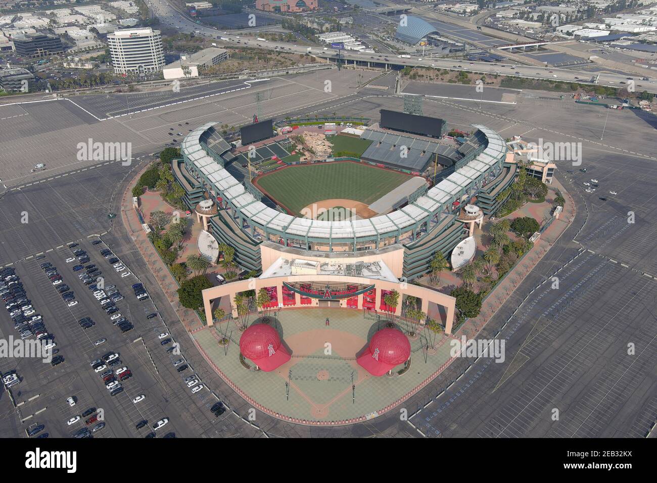 An aerial view of Angel Stadium of Anahiem, Wednesday, Feb. 10, 2021 ...