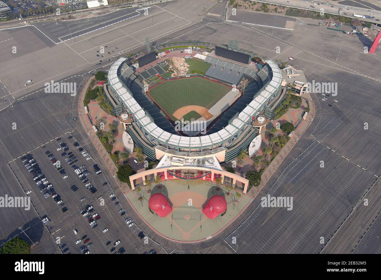 An aerial view of Angel Stadium of Anahiem, Wednesday, Feb. 10, 2021 ...