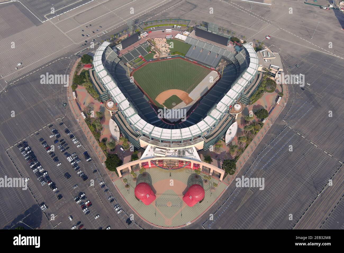 An aerial view of Angel Stadium of Anahiem, Wednesday, Feb. 10, 2021 ...