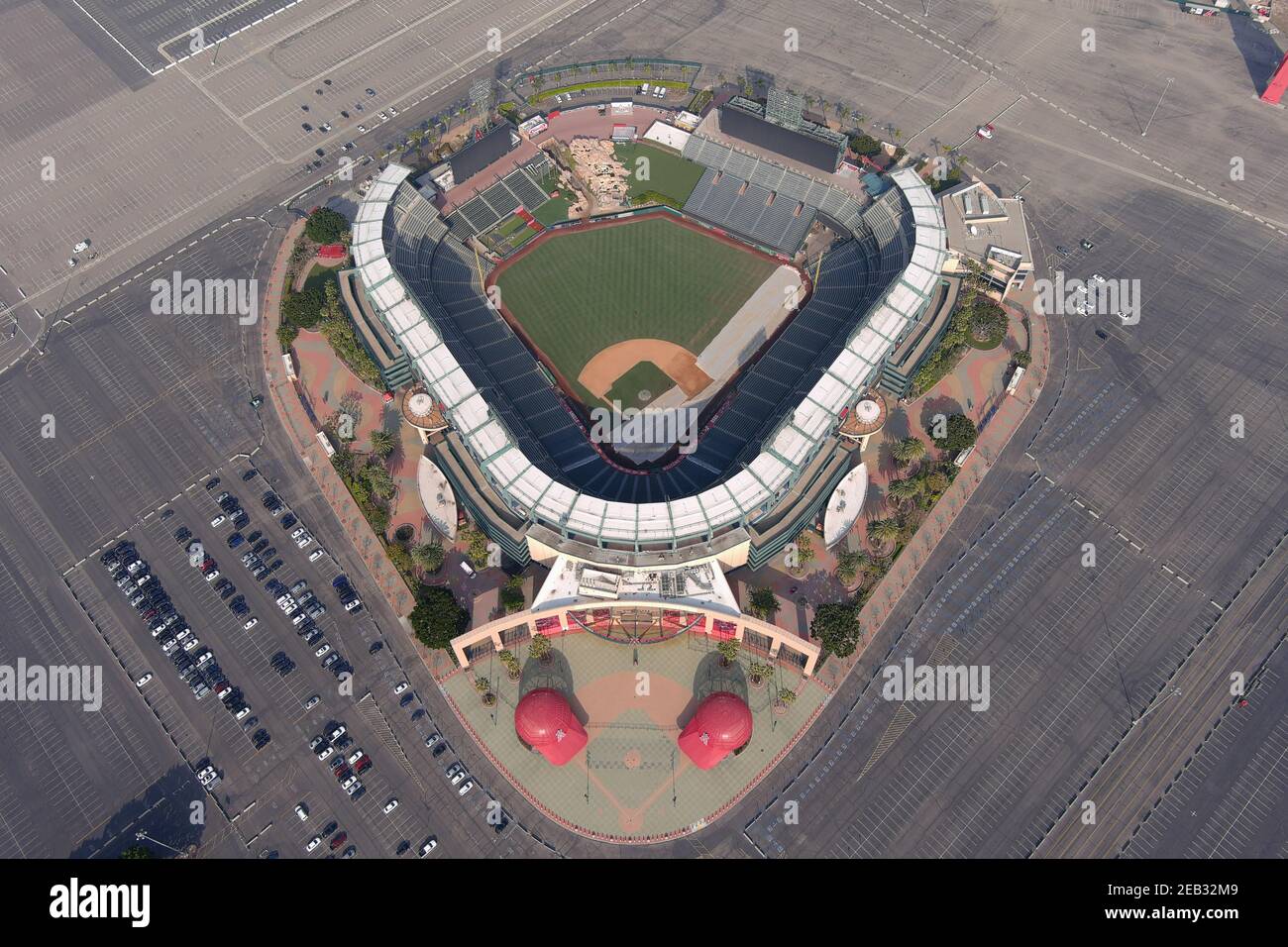 An aerial view of Angel Stadium of Anahiem, Wednesday, Feb. 10, 2021 ...