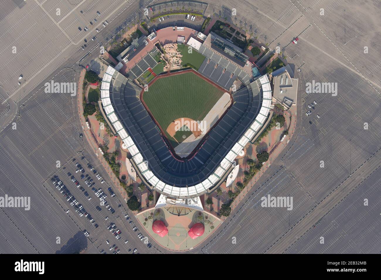 An aerial view of Angel Stadium of Anahiem, Wednesday, Feb. 10, 2021 ...