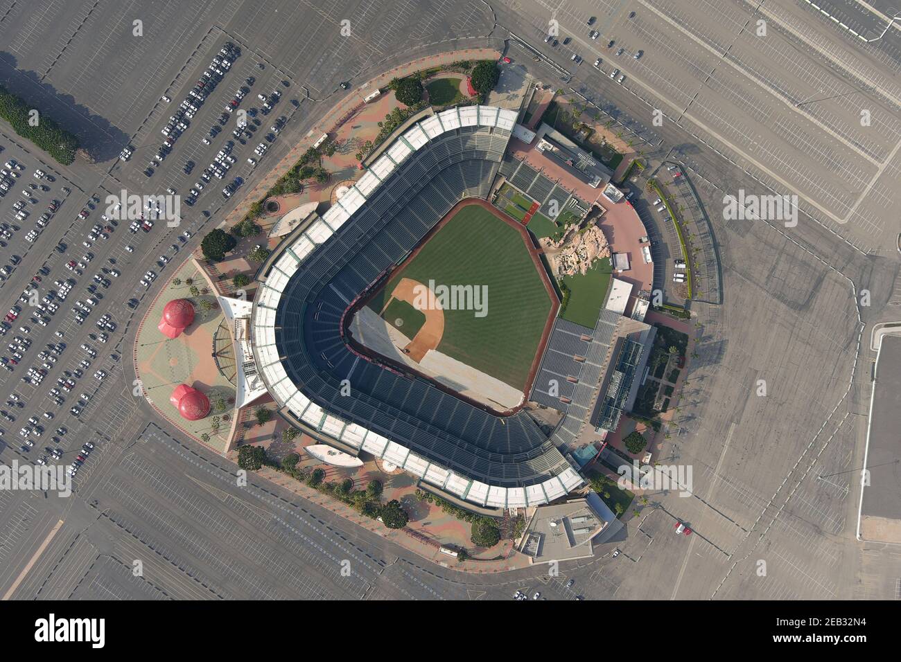 An aerial view of Angel Stadium of Anahiem, Wednesday, Feb. 10, 2021 ...