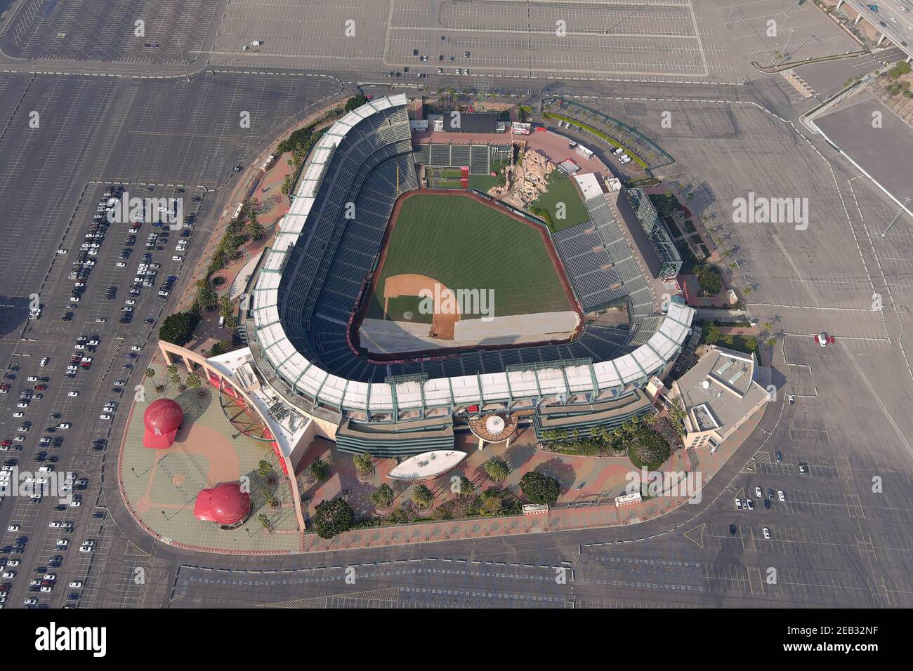 An aerial view of Angel Stadium of Anahiem, Wednesday, Feb. 10, 2021 ...