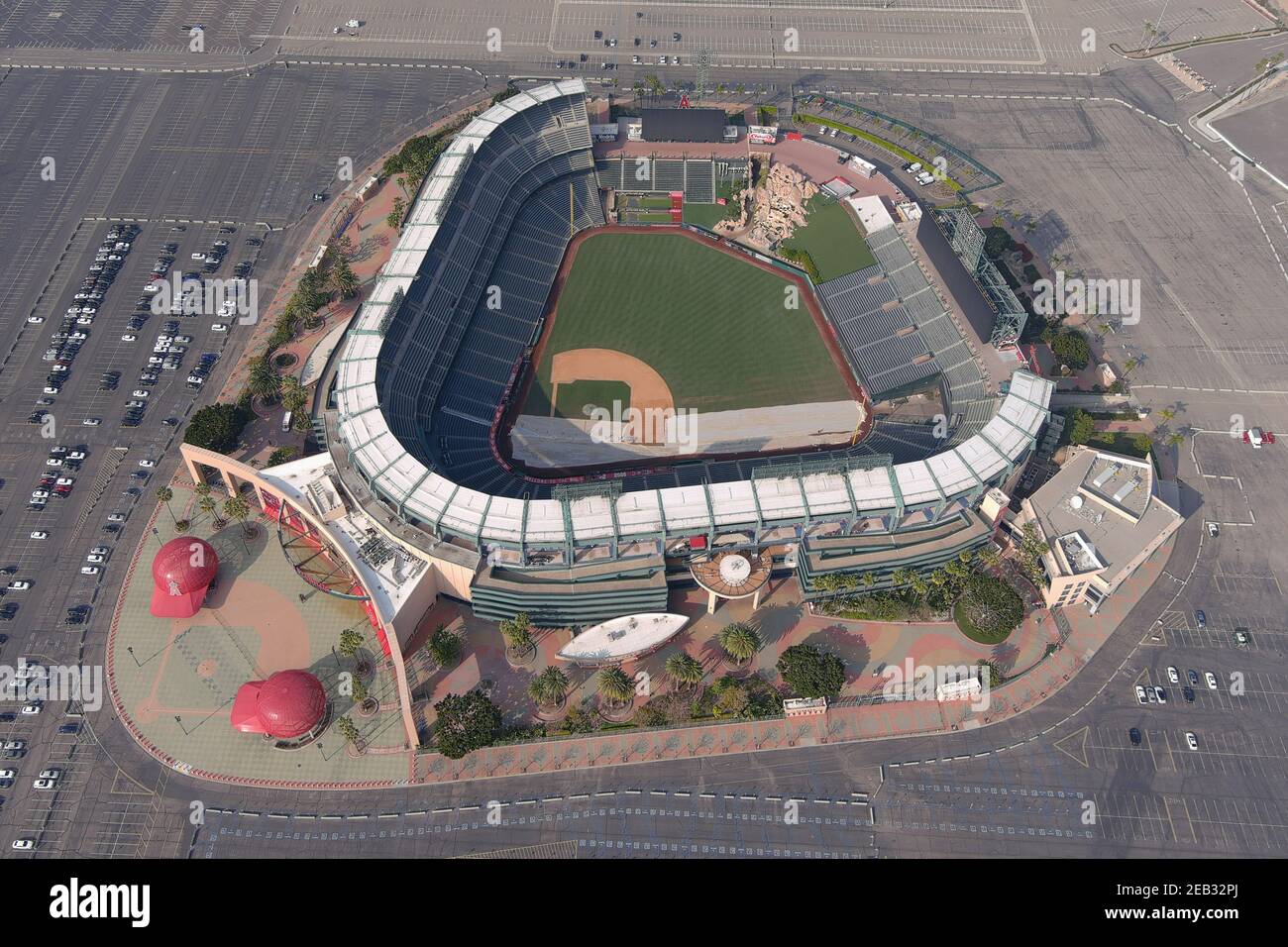 An aerial view of Angel Stadium of Anahiem, Wednesday, Feb. 10, 2021 ...