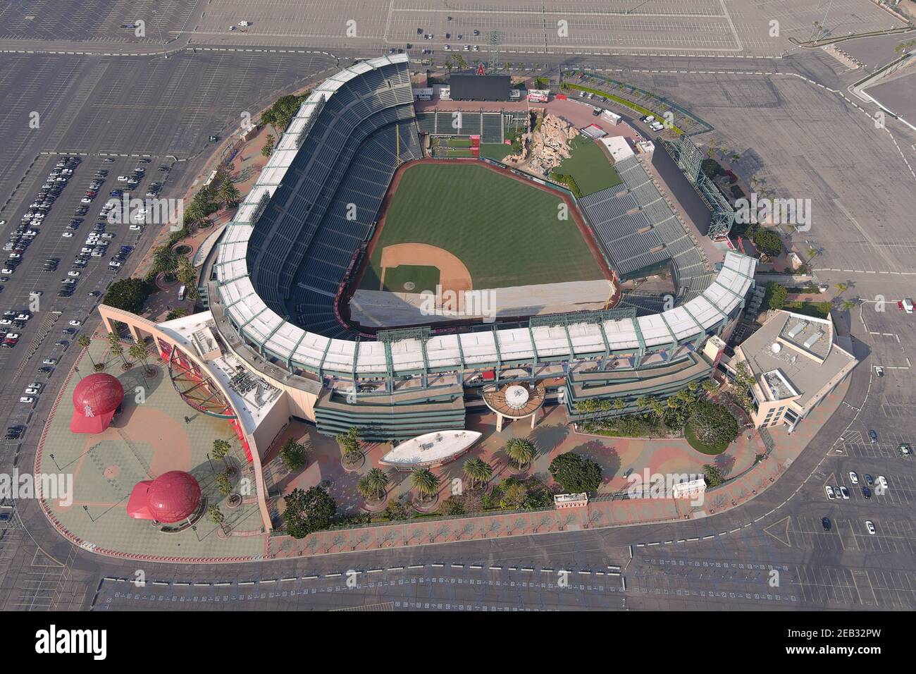 An aerial view of Angel Stadium of Anahiem, Wednesday, Feb. 10, 2021 ...