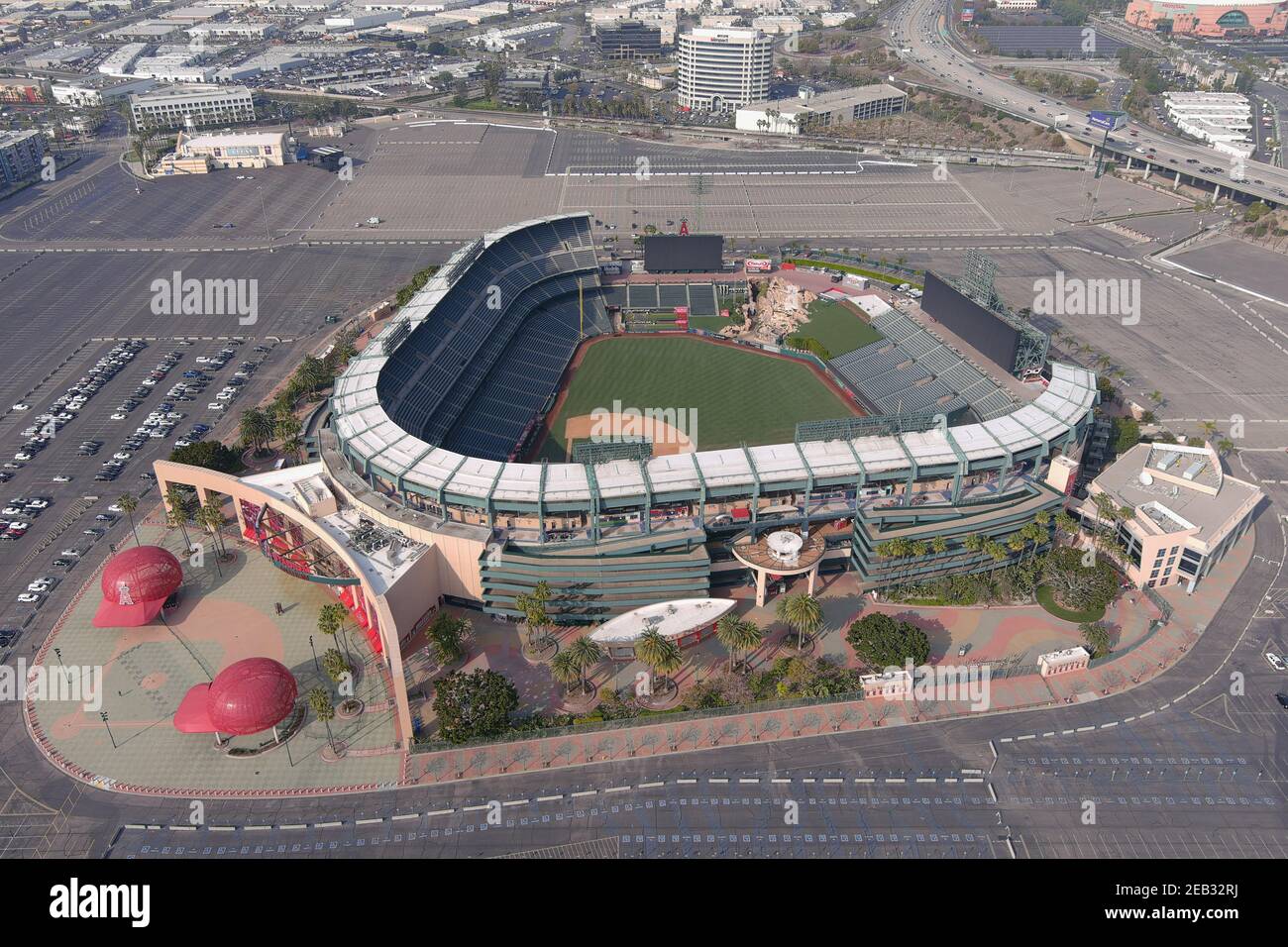 An aerial view of Angel Stadium of Anahiem, Wednesday, Feb. 10, 2021 ...