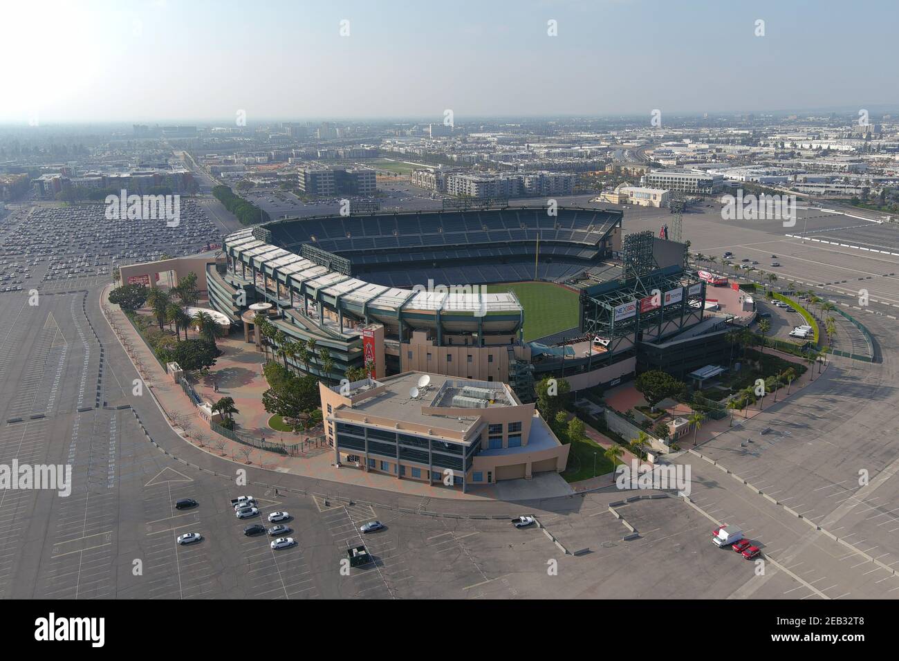 An aerial view of Angel Stadium of Anahiem, Wednesday, Feb. 10, 2021 ...