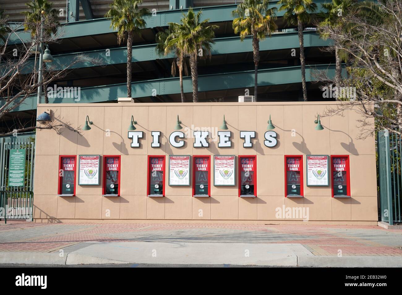 Ticket booths at Angel Stadium of Anahiem, Wednesday, Feb. 10, 2021, in ...