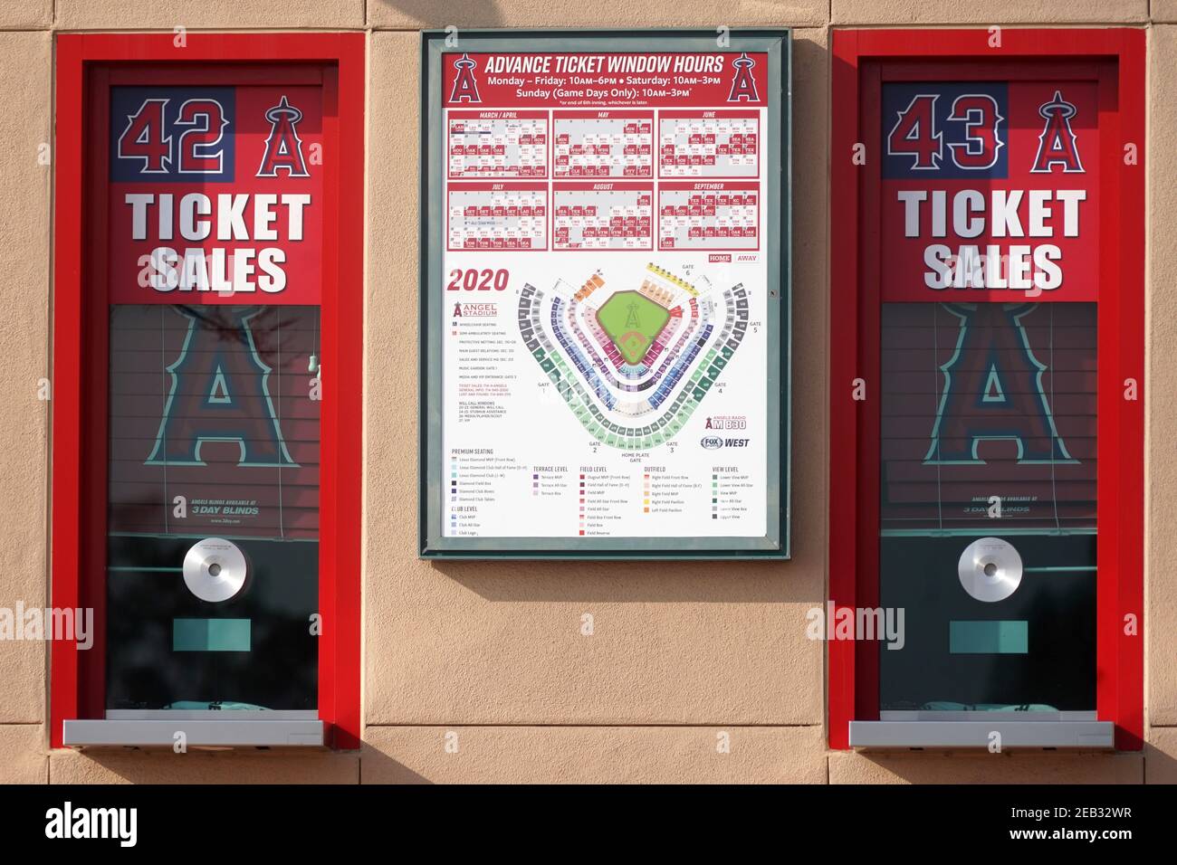 Ticket booths at Angel Stadium of Anahiem, Wednesday, Feb. 10, 2021, in ...