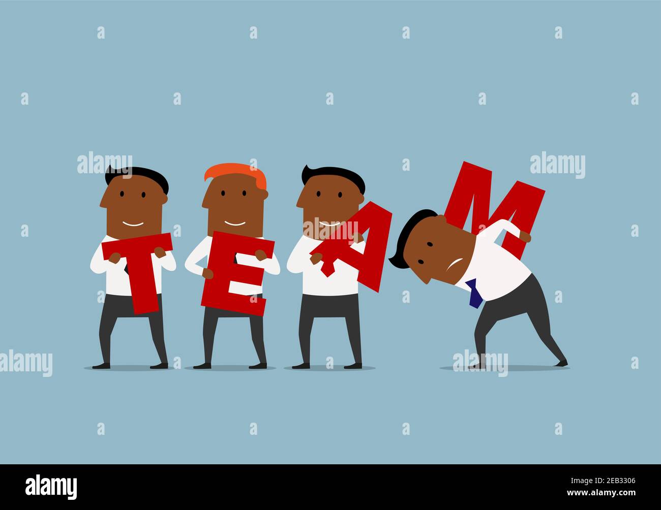 Happy cartoon team of african american businessmen are carrying big red ...