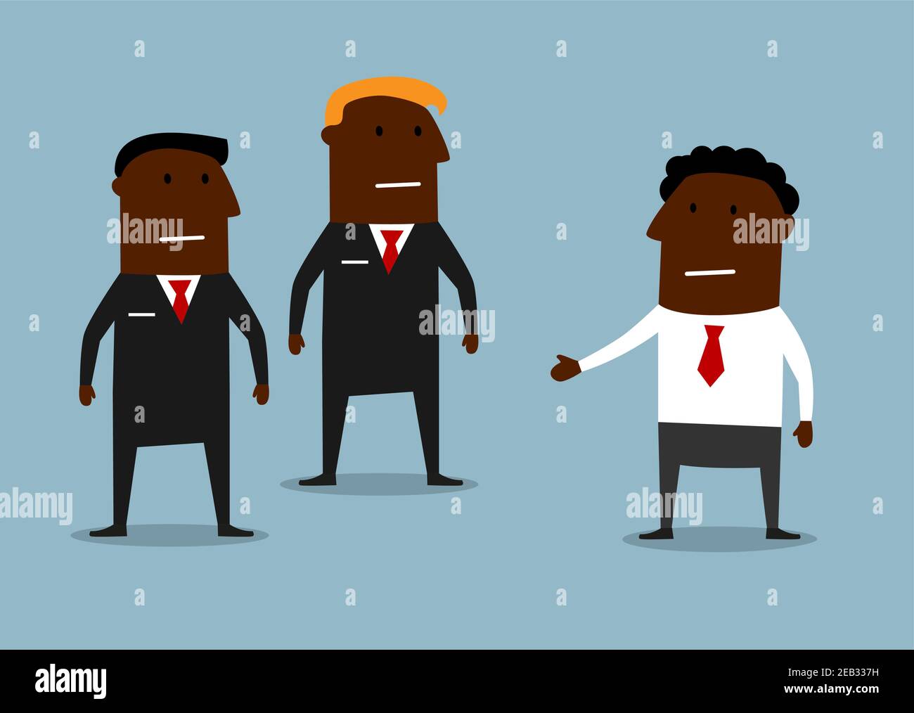 Cartoon powerful bodyguards in black suits guarding a carefree ...