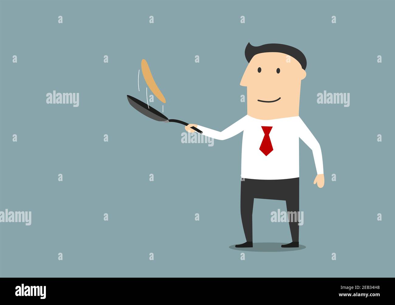 Cartoon smiling businessman making fresh pancakes on breakfast. Tasty ...