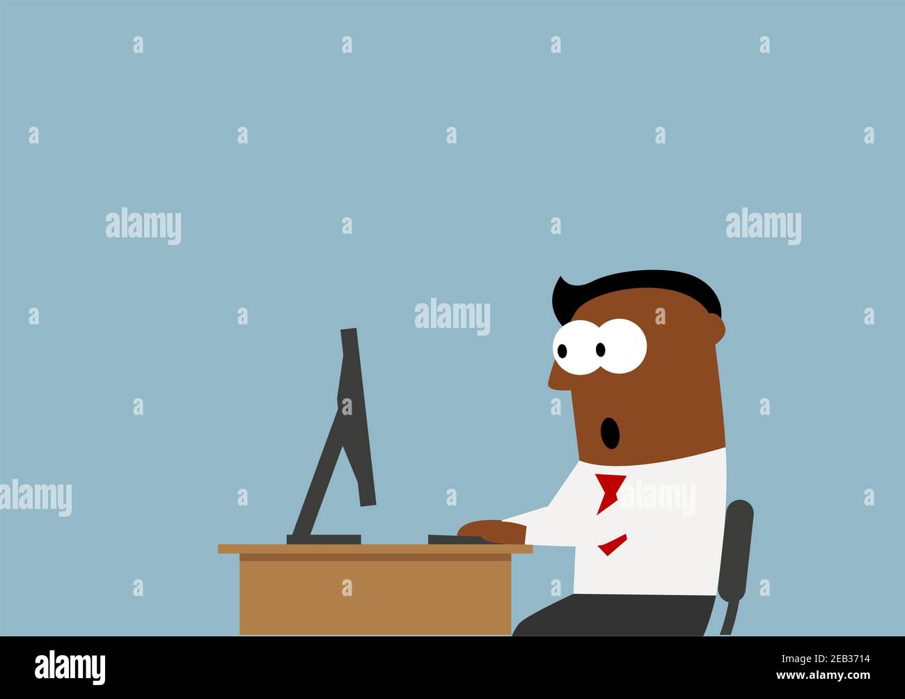 Surprised black businessman goggled at the desktop monitor with wide ...