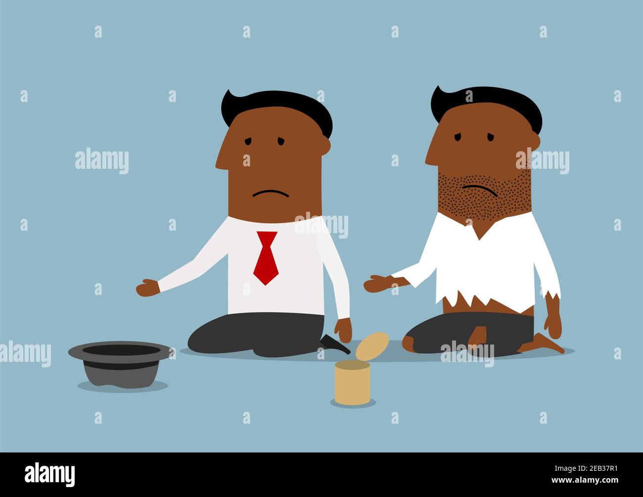 Cartoon bankrupt black businessman is sitting near dirty beggar man and ...
