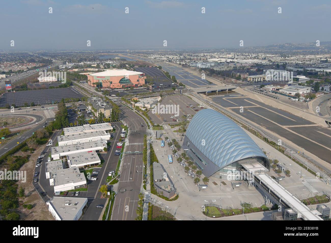 An aerial view of the Anaheim Regional Transportation Intermodal Center ...