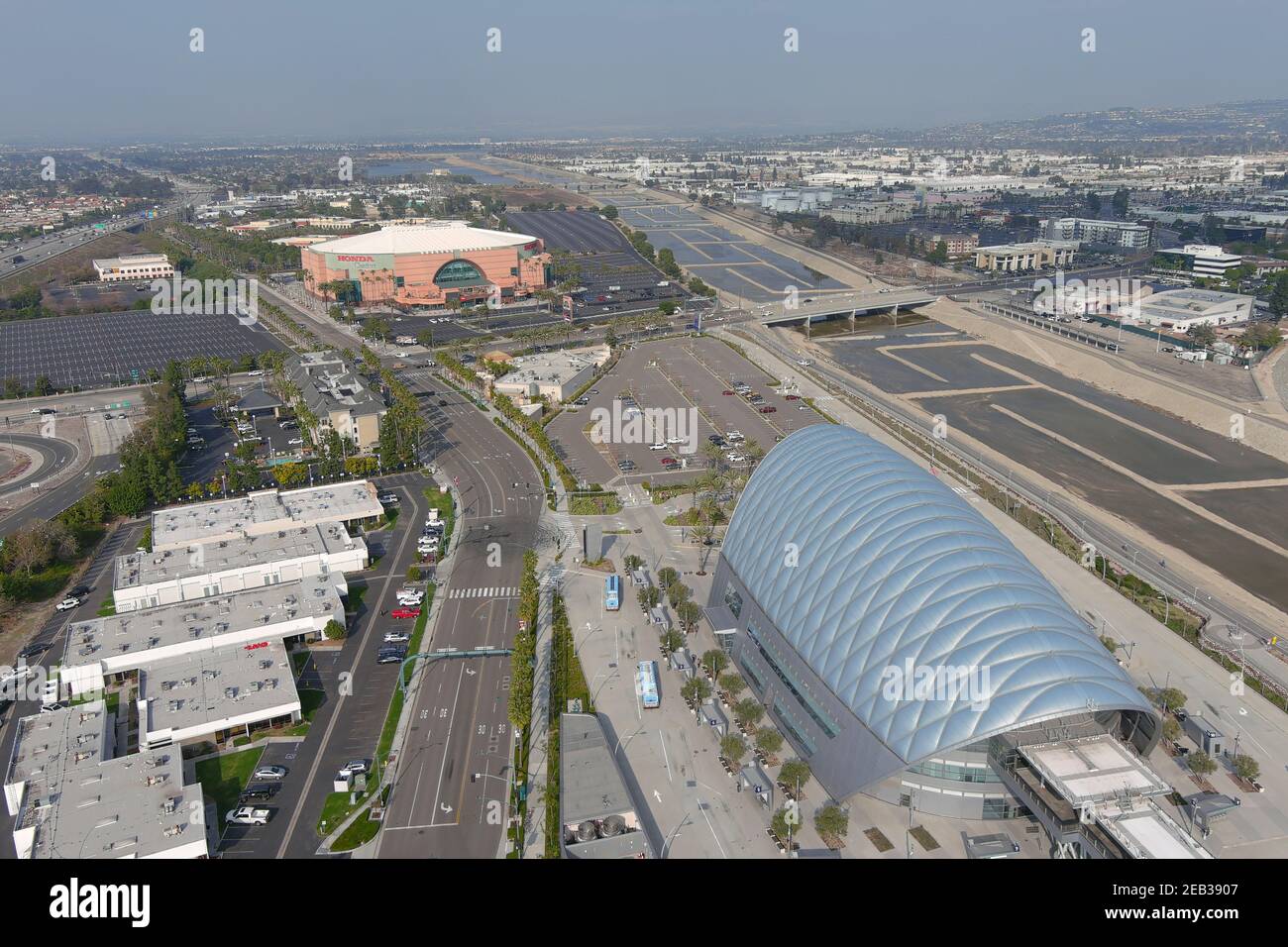 An aerial view of the Anaheim Regional Transportation Intermodal Center ...