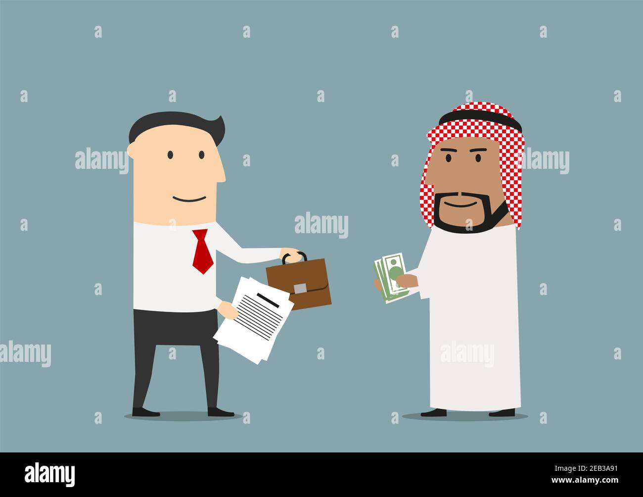 Cheerful cartoon arabian and european businessmen are exchanging money ...