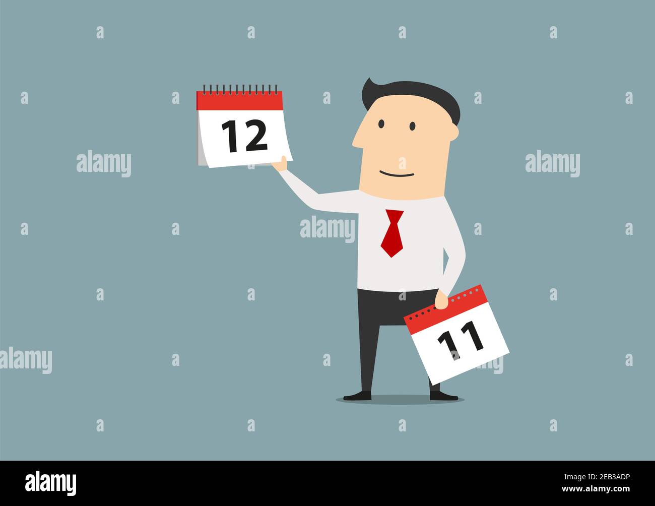 Cartoon businessman showing on the tear off calendar and the last month ...