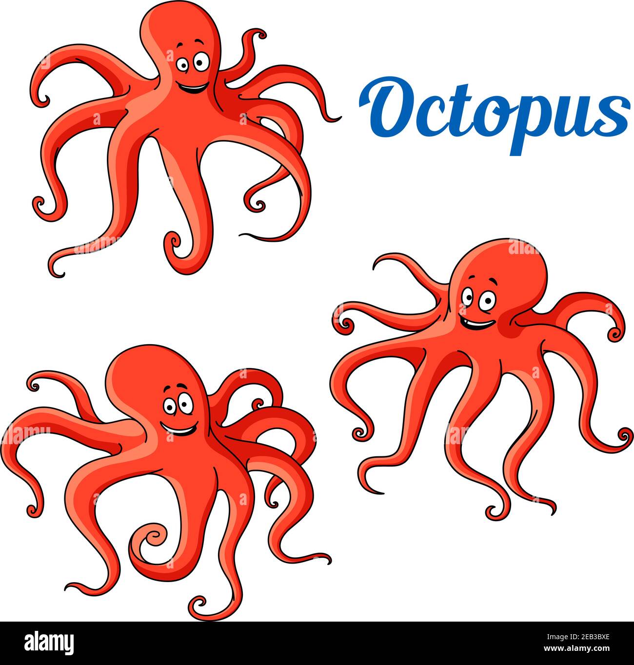 Happy and funny cartoon red octopuses with wavy tentacles. Funny sea ...