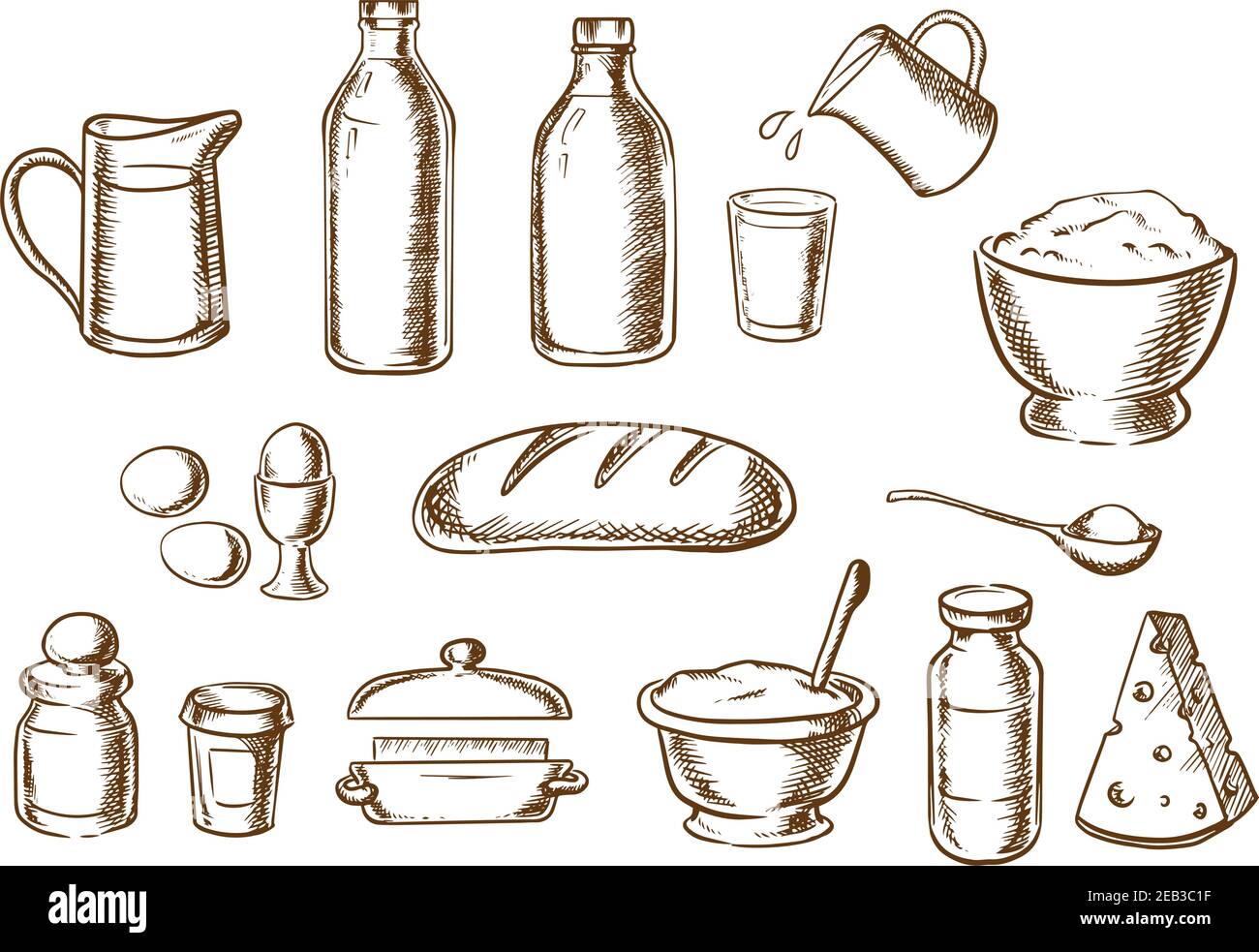 Bakery ingredients with butter, flour, salt, dough, sugar milk, eggs ...