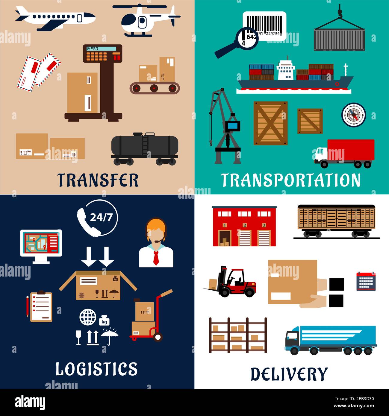 Freight transportation, shipping, storage, delivery and logistics flat ...
