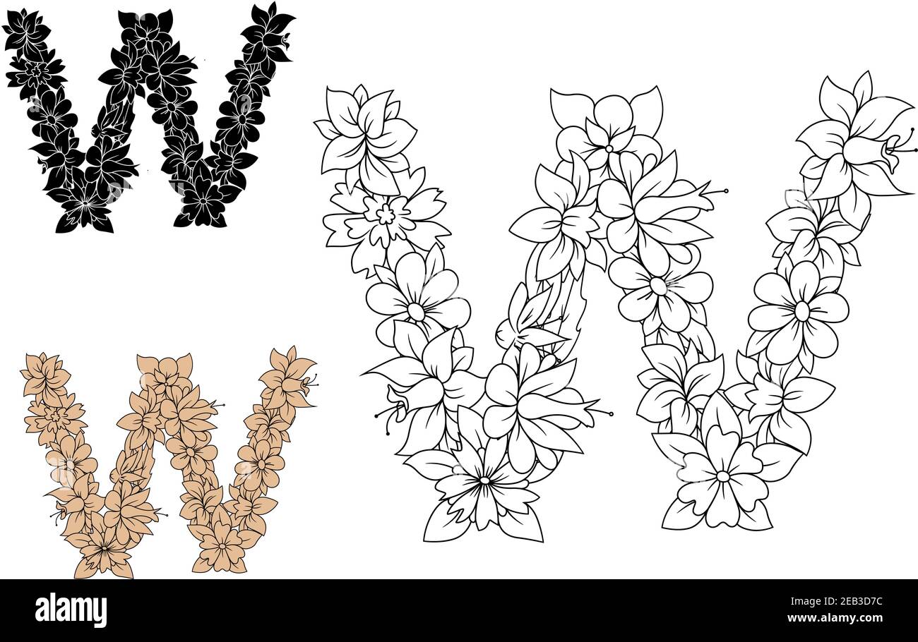 Capital letter W with decorative floral ornament of blooming flowers ...
