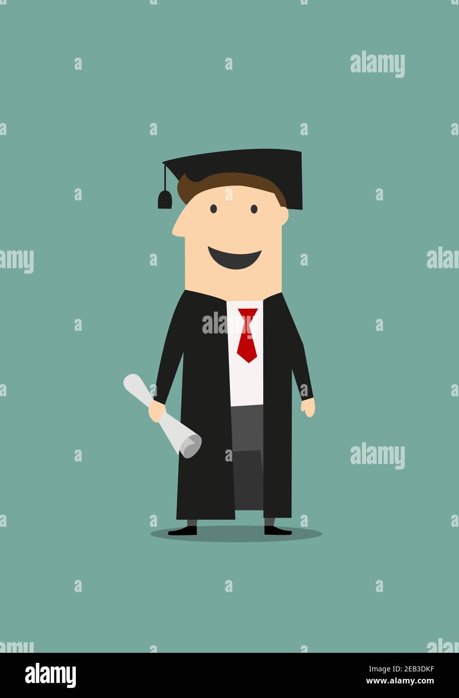 Cartoon happy student standing in black graduation gown and hat with ...