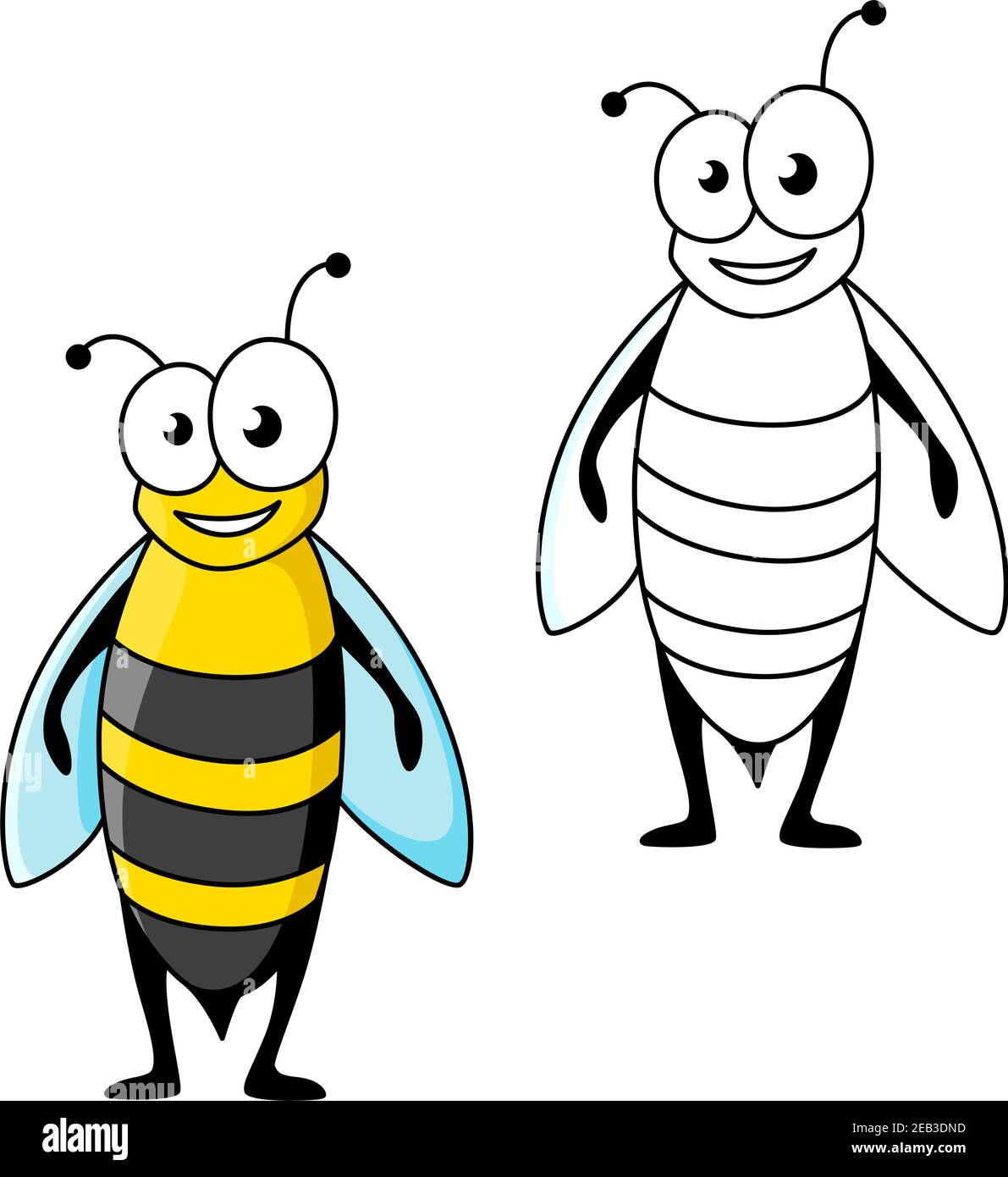 Cheerful smiling cartoon wasp character with black and yellow striped ...