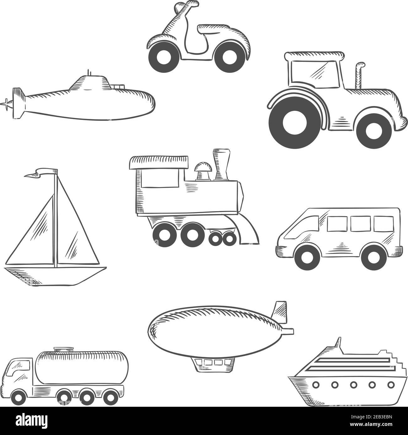 Transport sketched icons with a submarine, yacht, scooter, tractor ...