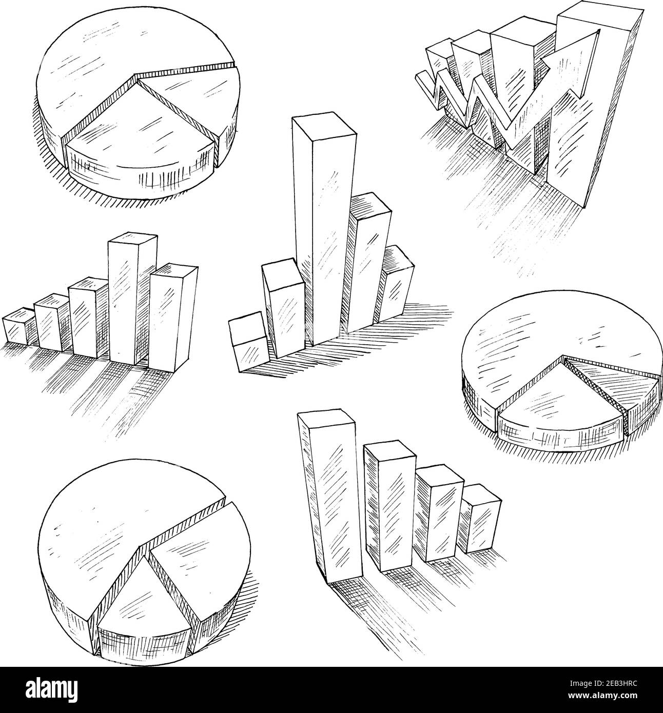Sketched 3d charts and graphs with different bar graphs and pie charts ... Sketched 3d charts and graphs with different bar graphs and pie charts ...