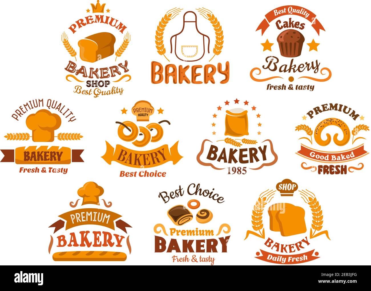 Bakery shop icons and signboards with toast and long loaf bread, sweet ...