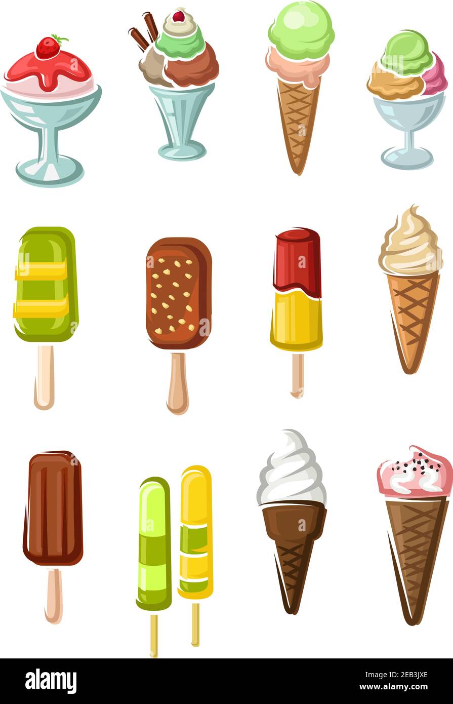 Tasty sweet ice cream cones with colorful scoops, chocolate ice cream ...