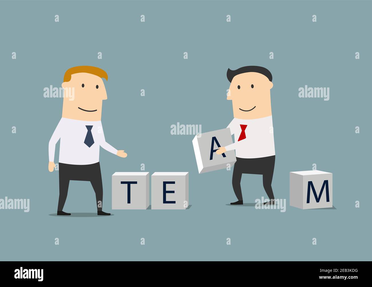 Cartoon smiling businessmen creating the word Team from block cubes ...