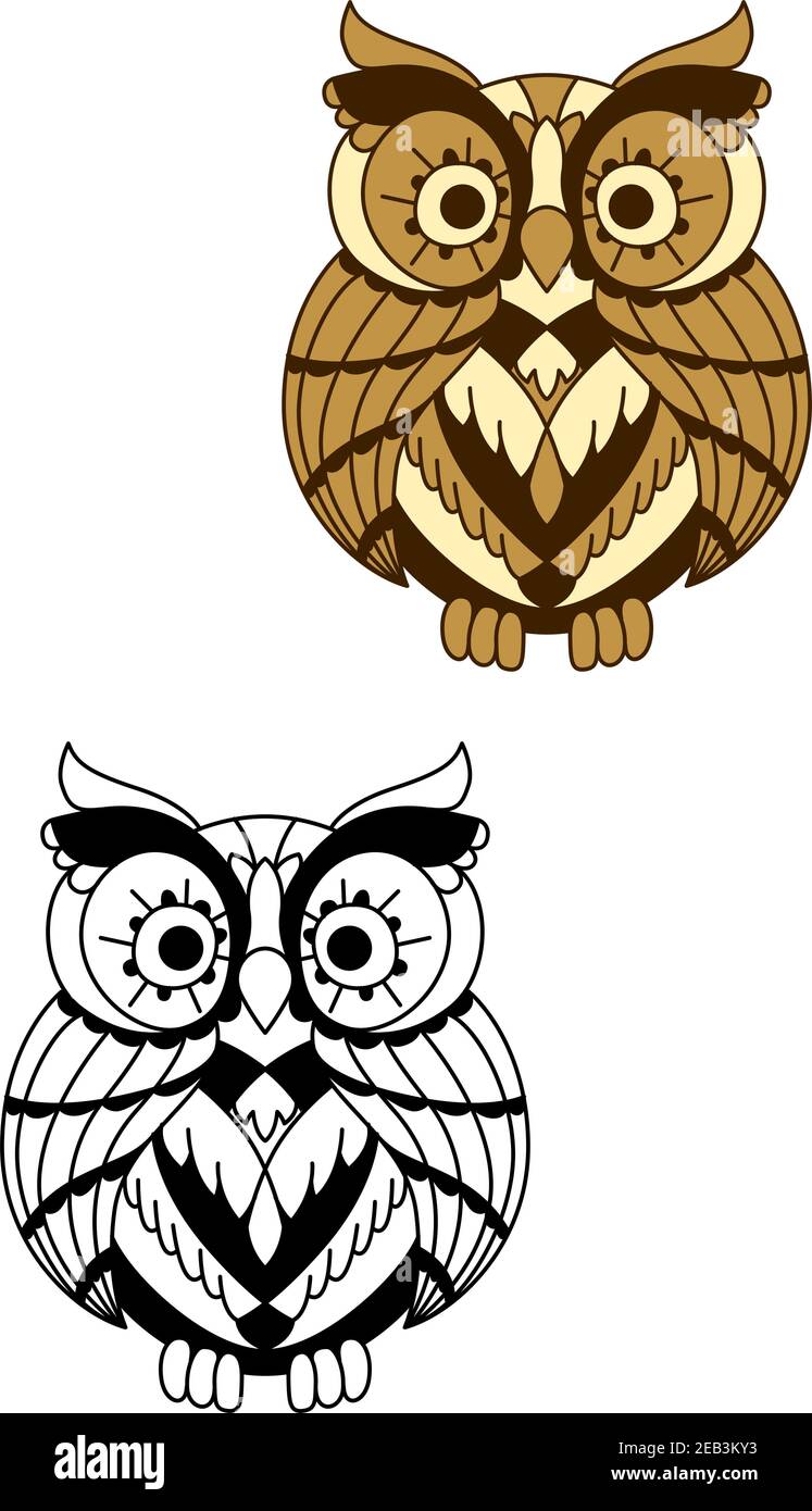 Cartoon brown owl bird with long eyelashes around big eyes. Education ...