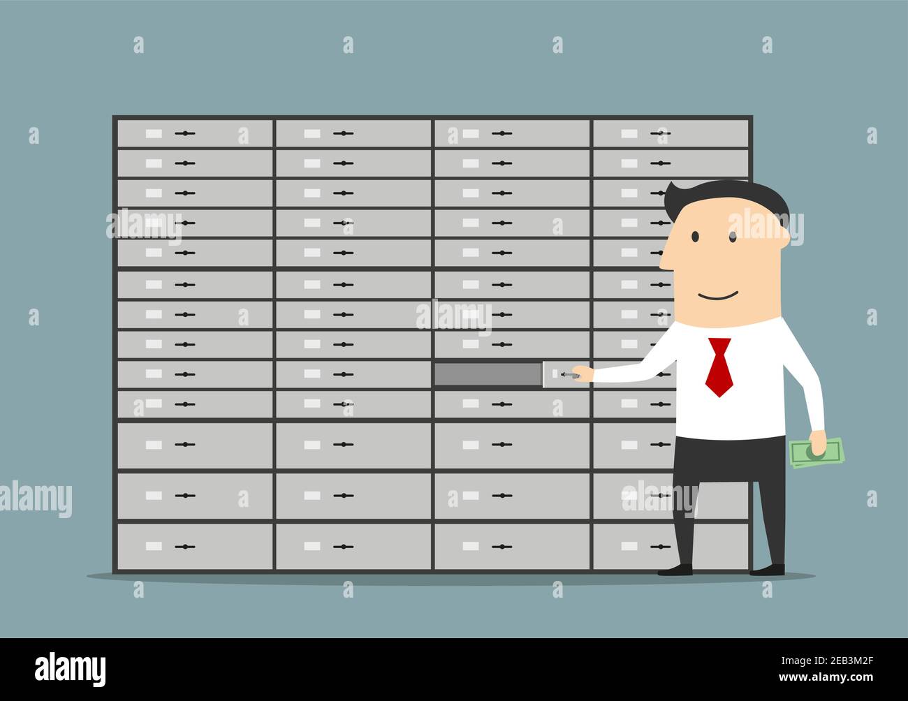 Cartoon businessman opening a safe depository box in bank vault and ...