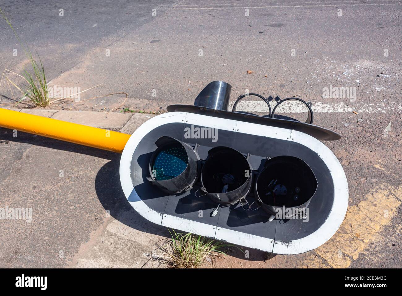 Traffic lights signal utility pole structure fallen damaged floored to ...