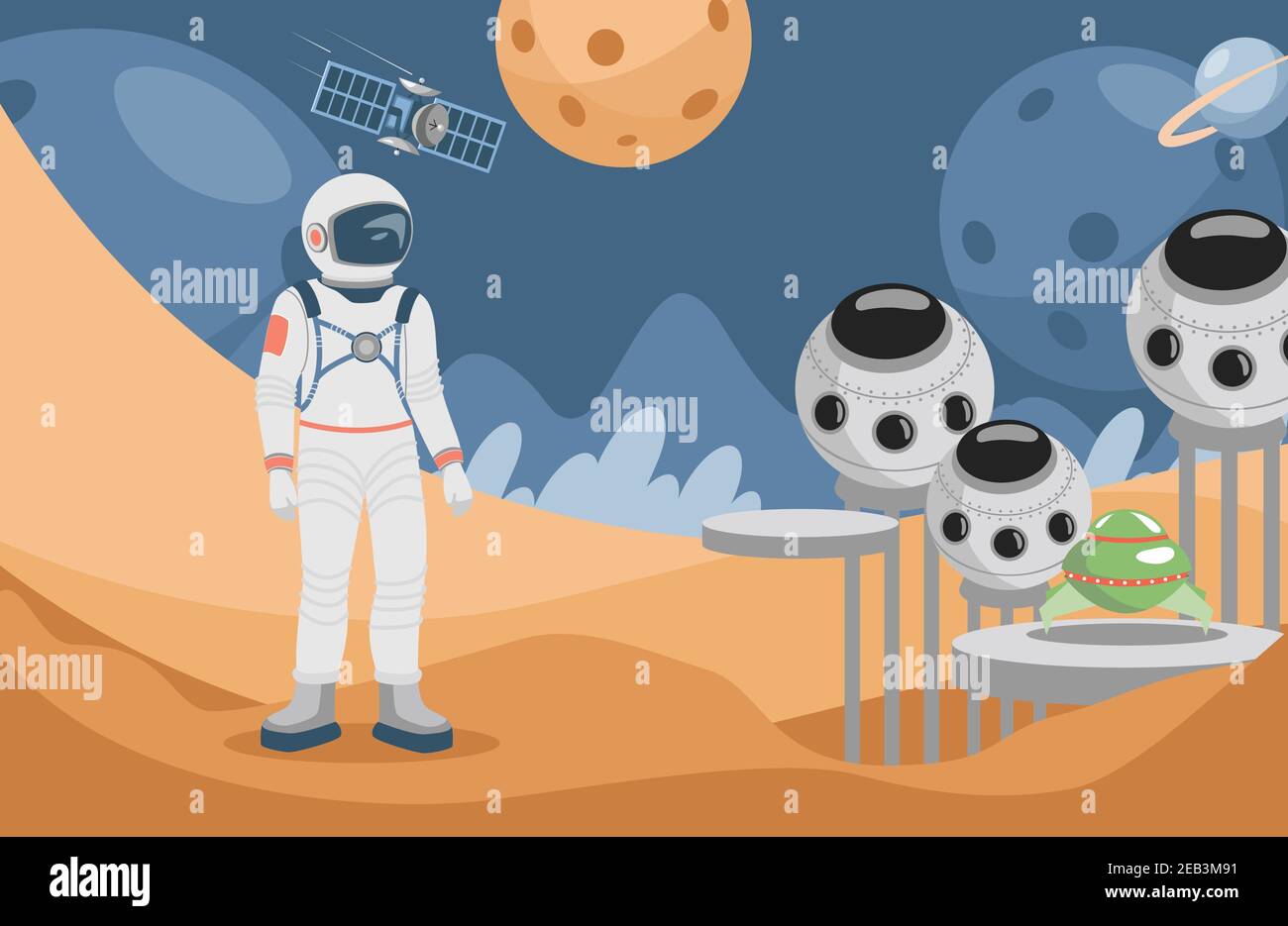Space explorer in spacesuit standing on planet surface and looking at ...