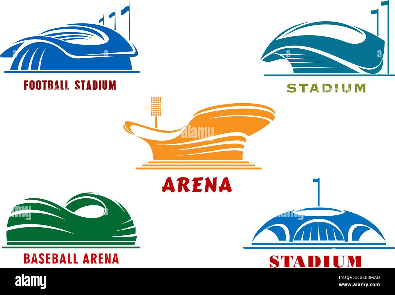 Modern sport open stadiums and cup shaped arenas icons with colorful ...