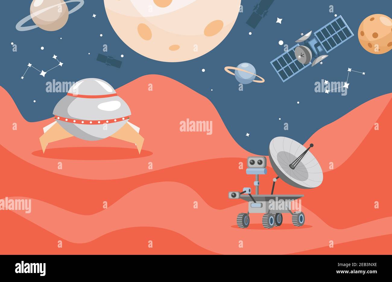 Planet exploration vector flat poster concept. Mars rover on red planet ...