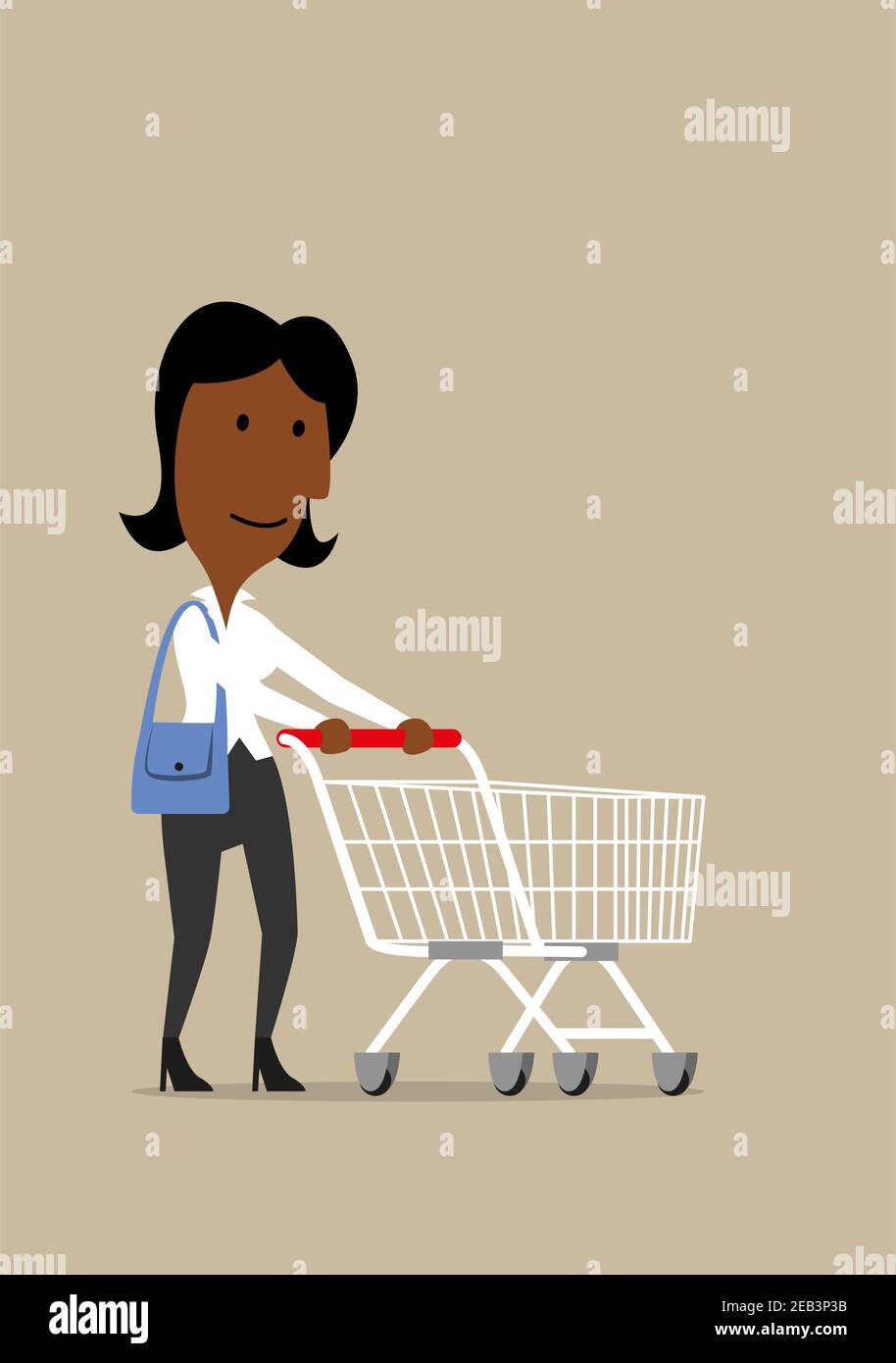 Cartoon businesswoman going to store for shopping with empty shopping ...