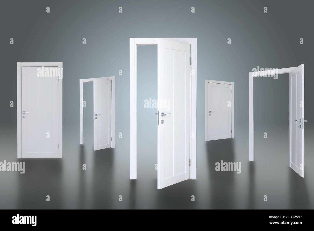 Many ways to choose from, open doors. Decision making Stock Photo - Alamy