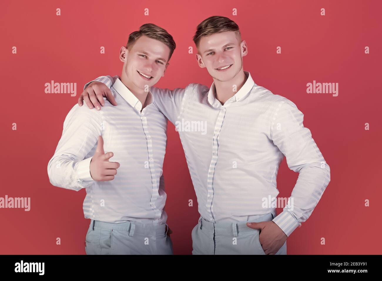 Brotherhood and friendship concept. Happy men hugging. Two brothers ...