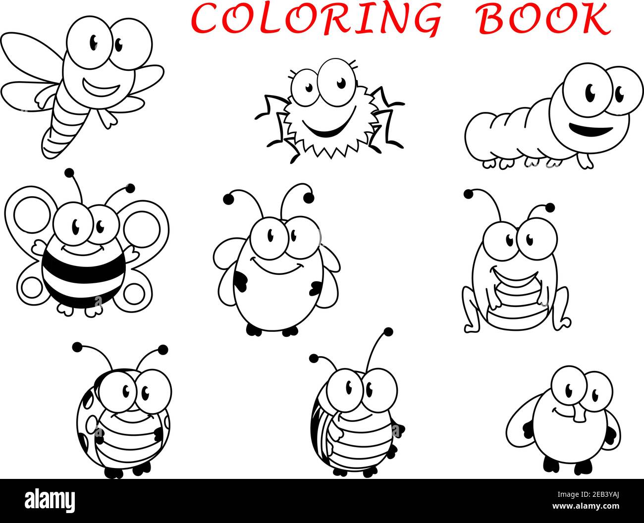 Cartoon funny outline insect characters with fly, ladybug, butterfly ...