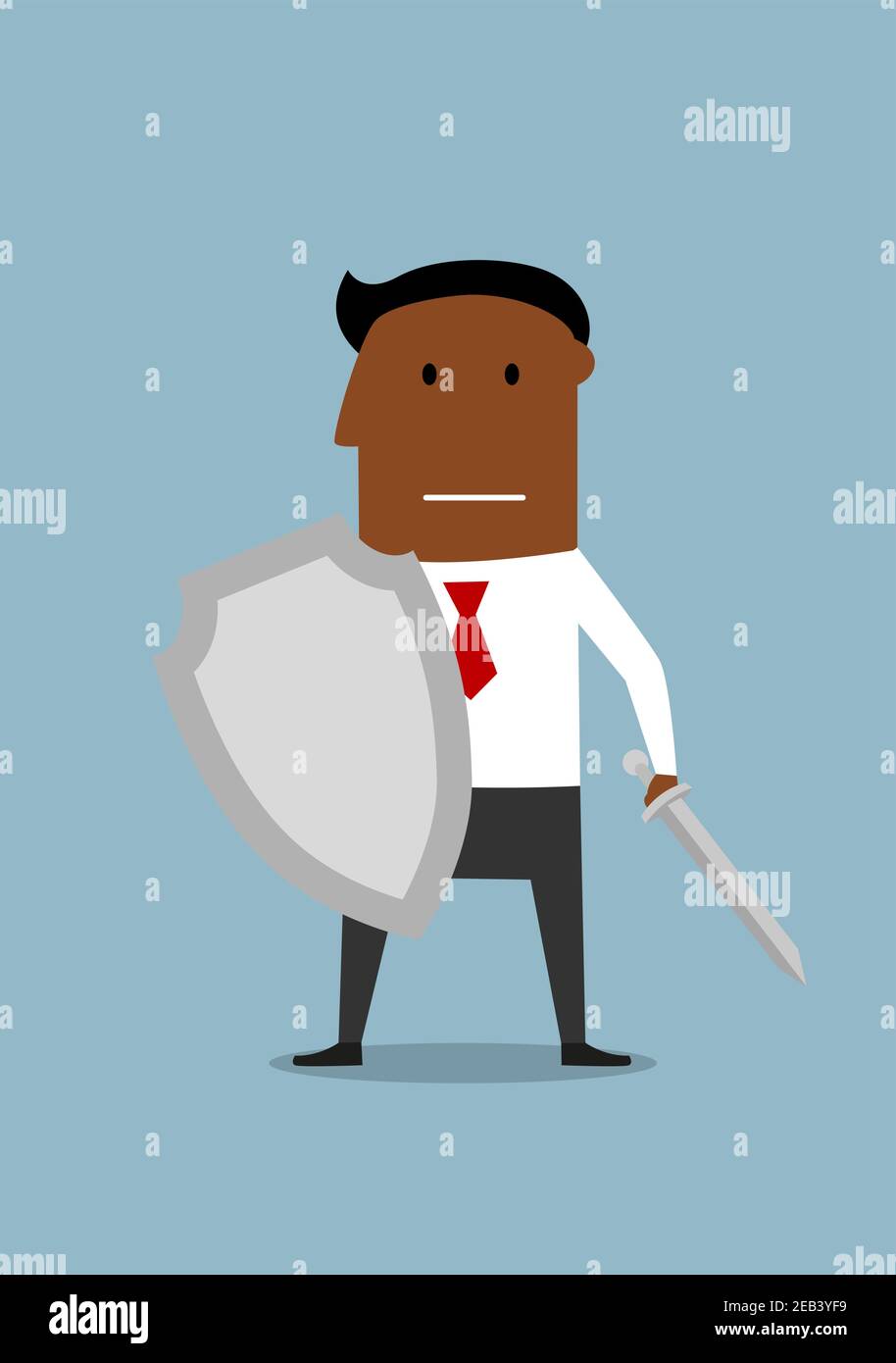 Brave businessman warrior with shield and sword ready for defense ...