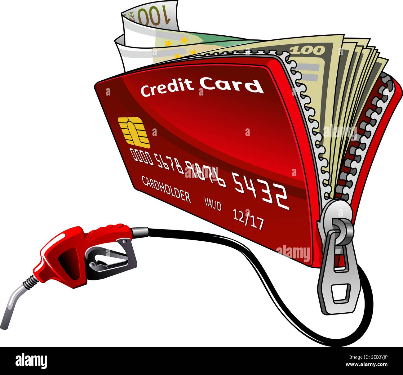Full of money open red credit card with connected gasoline pump nozzle ...