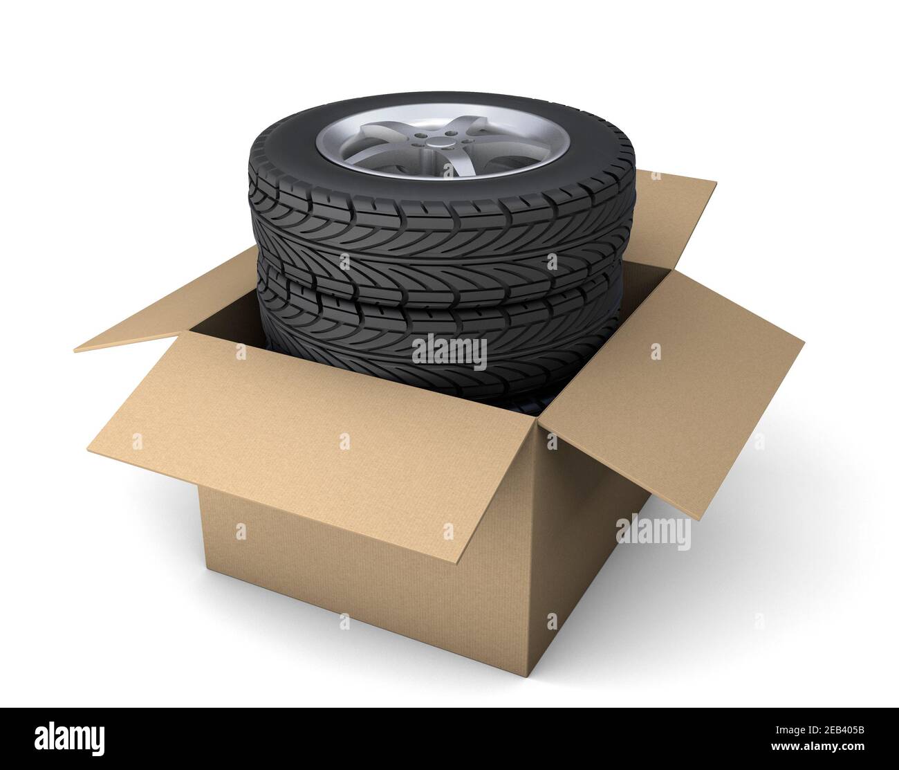 Set of four tires with disks in a cardboard box for order delivery ...